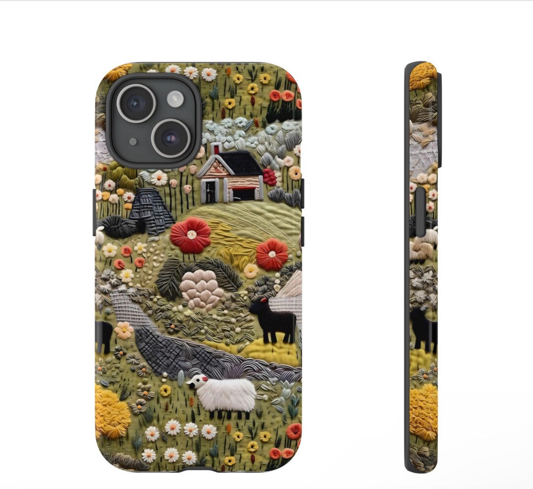 Paradise Pastures Embroidered Look Phone Case Scenic Farm Chic Faux ...