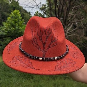 Oak Tree Hat, Burnt Fedora Hat, Oak Leaf Accessory, Rust Hat, Autumn ...