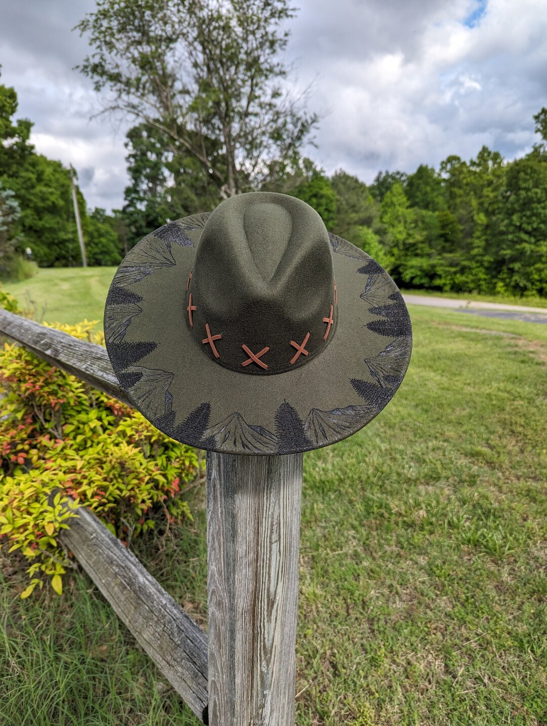 Mountain Hat, Wood Burned Hat, Pine Tree Fedora, Hippie Hat, Nature ...