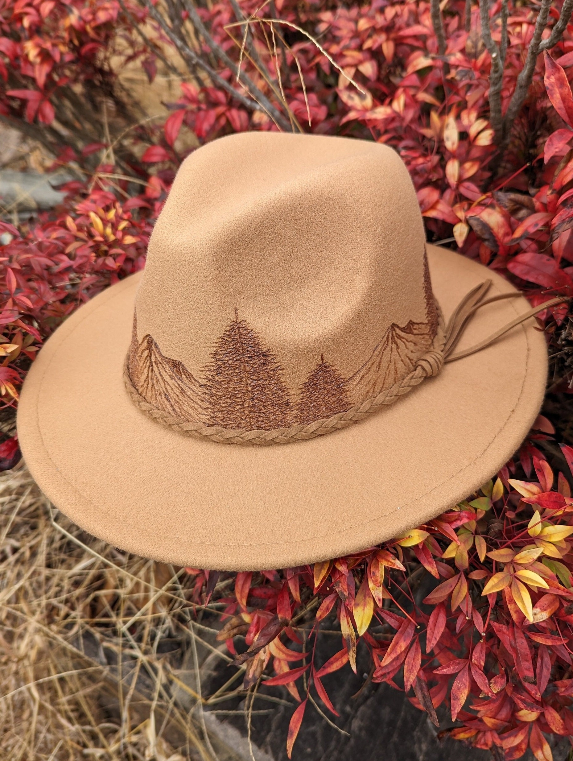 Hand Burned Hat Small Brim Fedora Burnt Cowboy Hat Mountain - Etsy