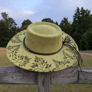 Fern Hat, Wood Burned Hat, Wide Brim Boater Hat, Forest Witch Hat ...