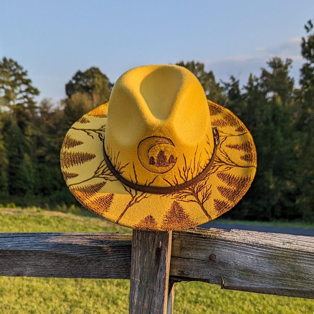 Moon Fedora, Wood Burned Hats, Pine Tree Hat, Boho Hat, Small Brim Hat ...