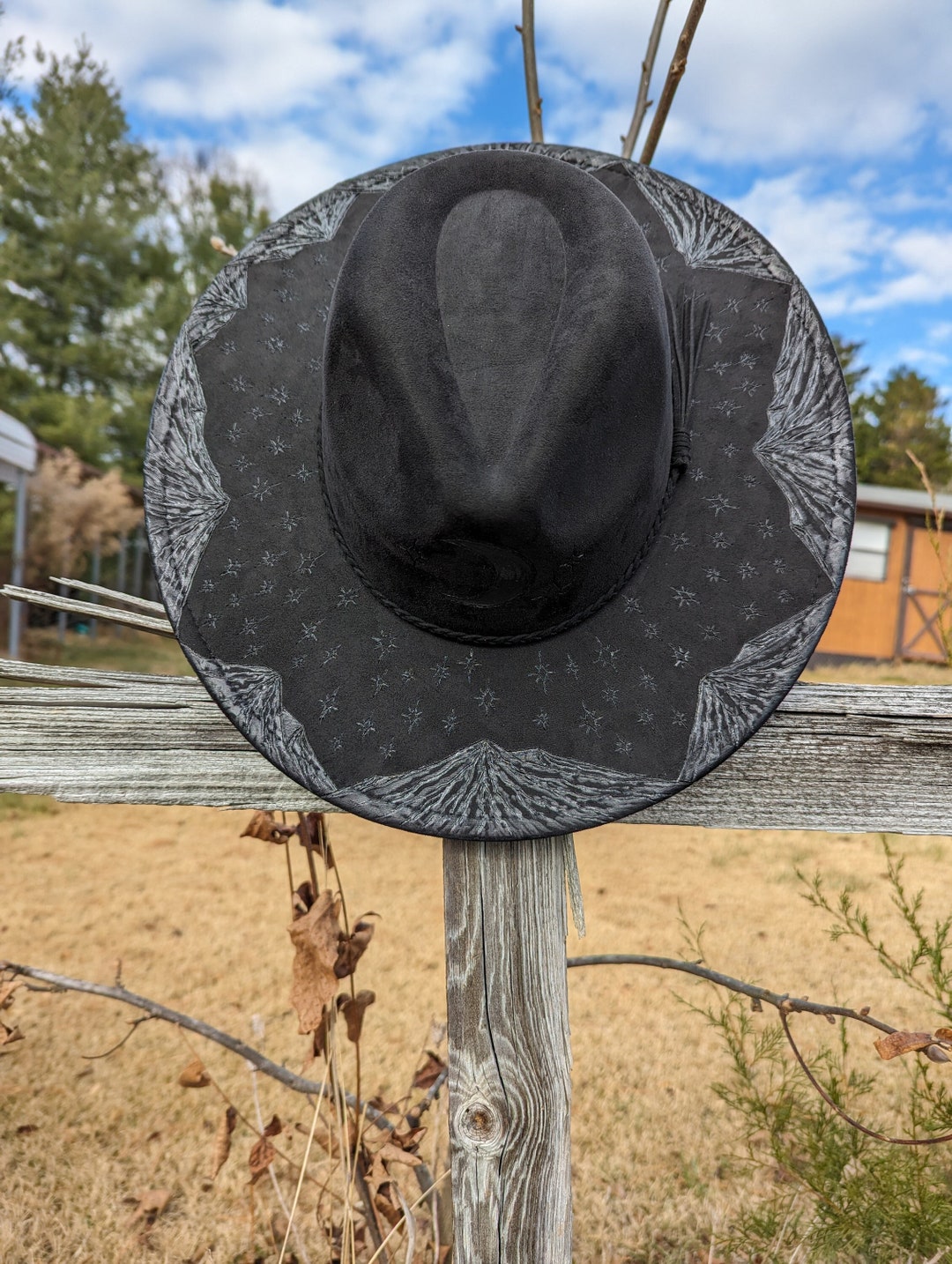 Wood Burned Hat, Wide Brim Fedora, Witchy Hat, Burned Boho Hat, Moon ...