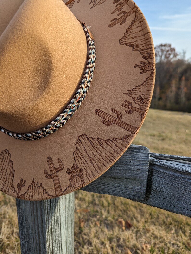 Burnt Desert Hat, Woodburned Hat, Cactus Hat, Landscape Hat, South ...