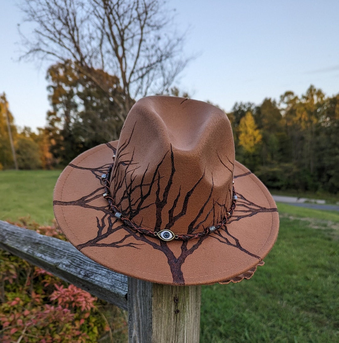 Evil Eye Hat, Hand Burned Hat, Forest Hat, Tree Hat, Small Brim Hat ...