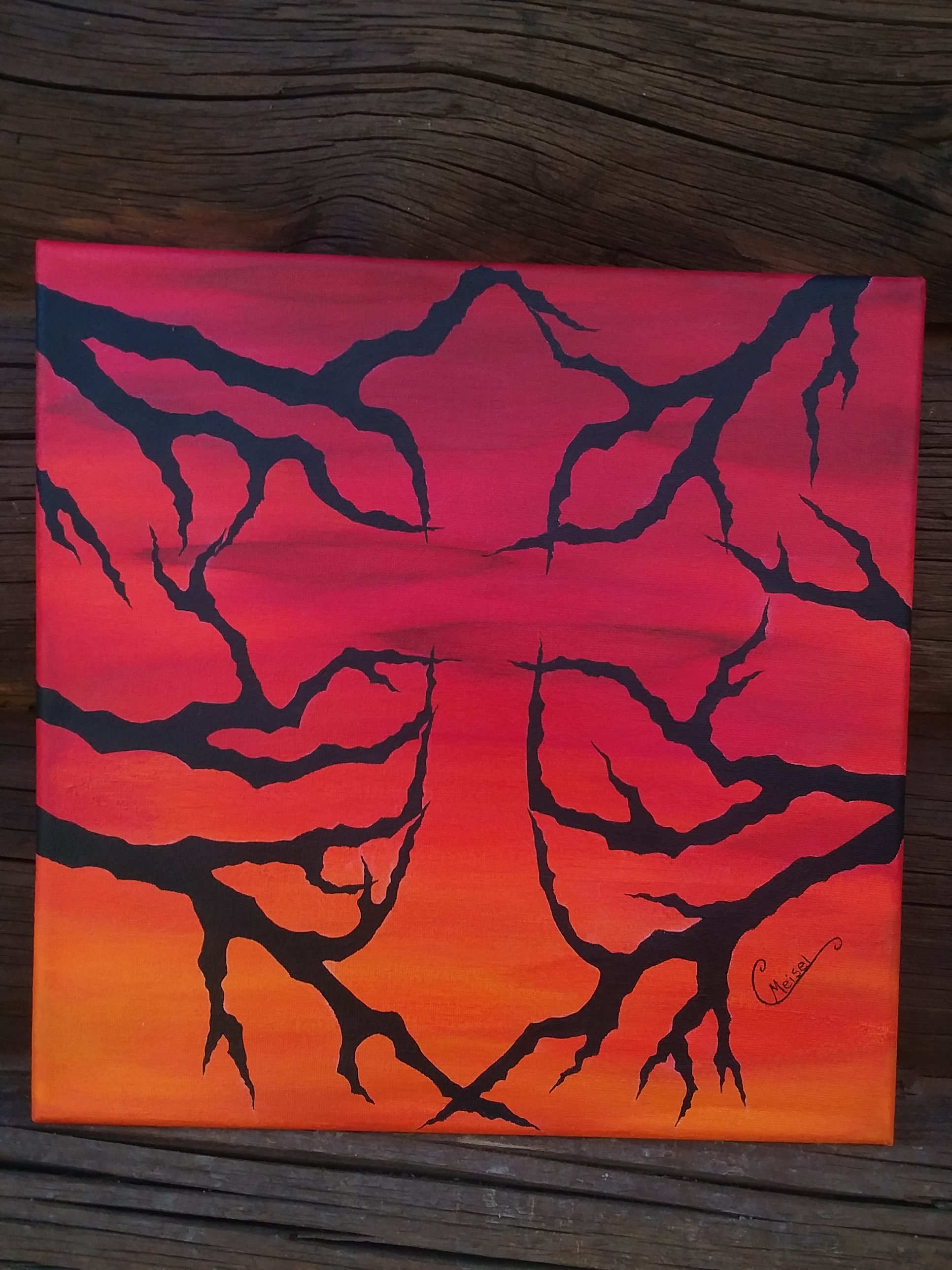 Original, Red Cross Painting, Christian Wall Art, Tree Silhouette Art ...