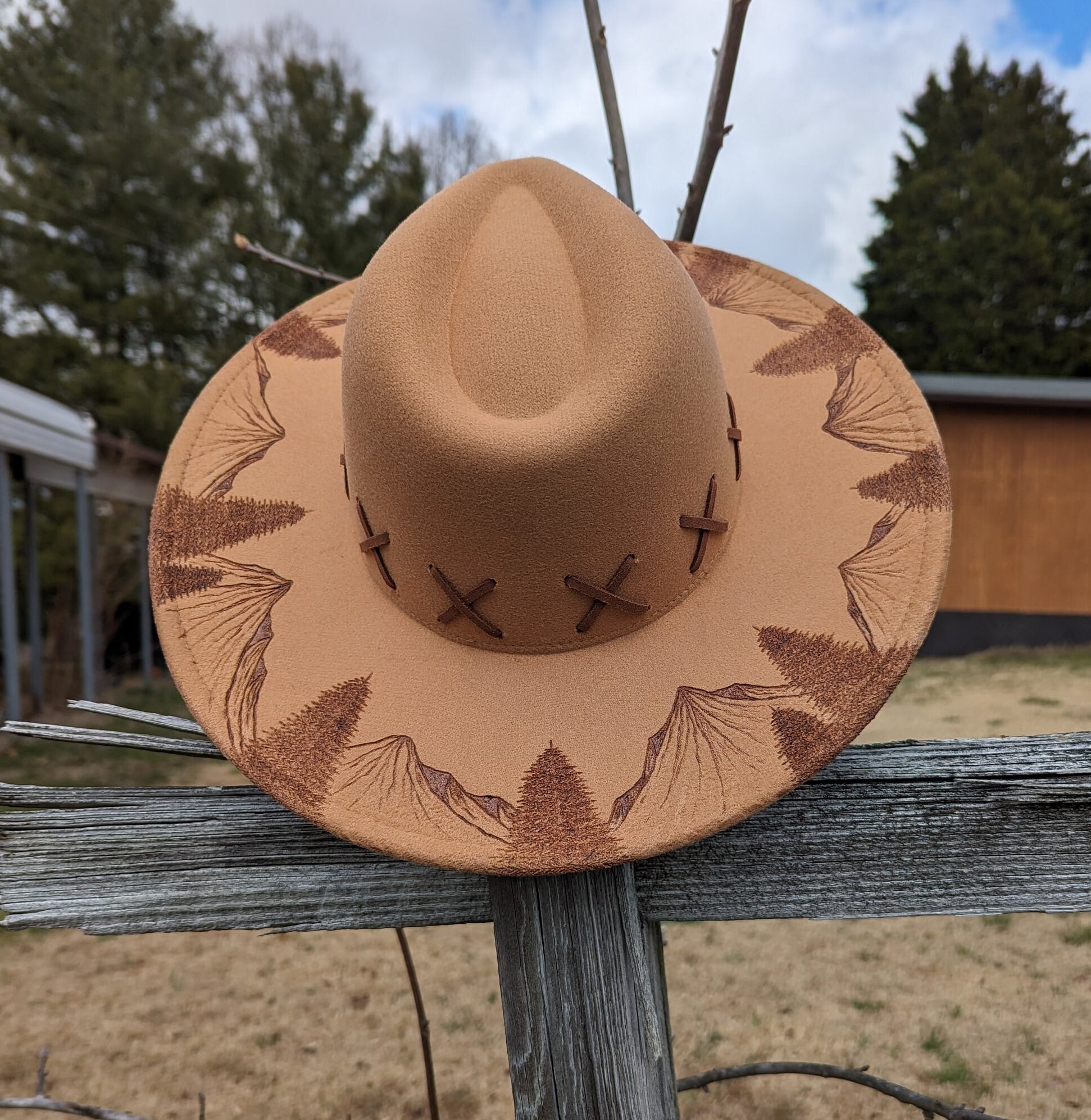 Landscape Hat, Wide Brim Fedora, Burnt Cowboy Hat, Boho Cowgirl Hat ...