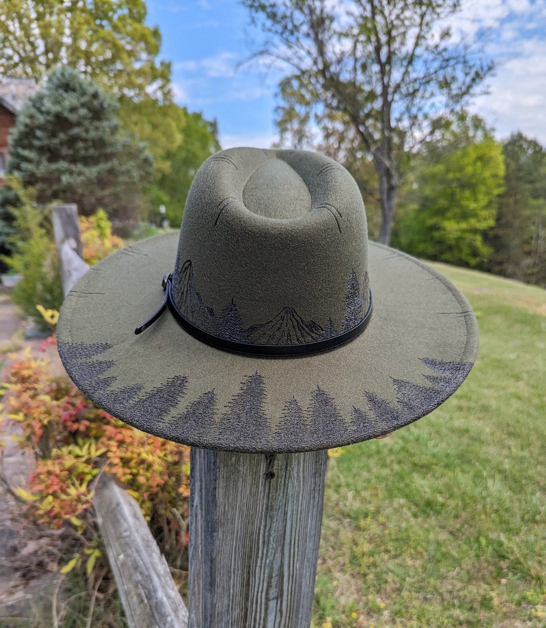 Mountain Hat, Pine Tree Hat, Burned Wide Brim Fedora, Boho Western Hat ...