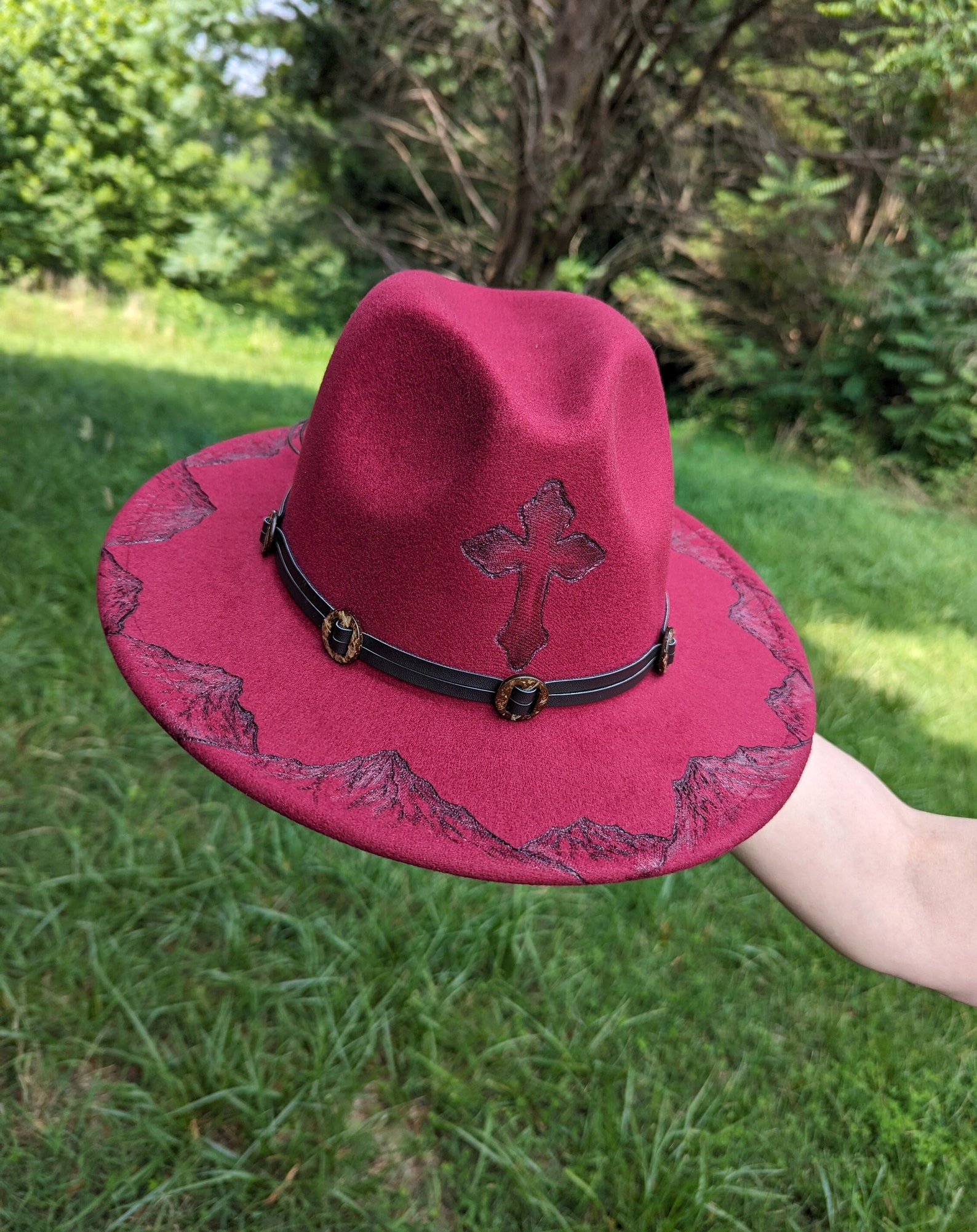 Cross Hat, Mountain Hat, Burnt Fedora Hat, Pyrography Hat, Rodeo Hat ...