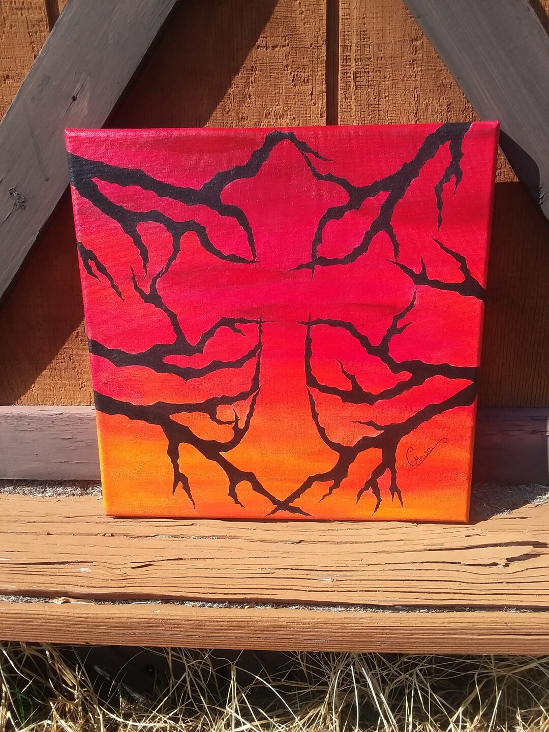 Original, Red Cross Painting, Christian Wall Art, Tree Silhouette Art ...