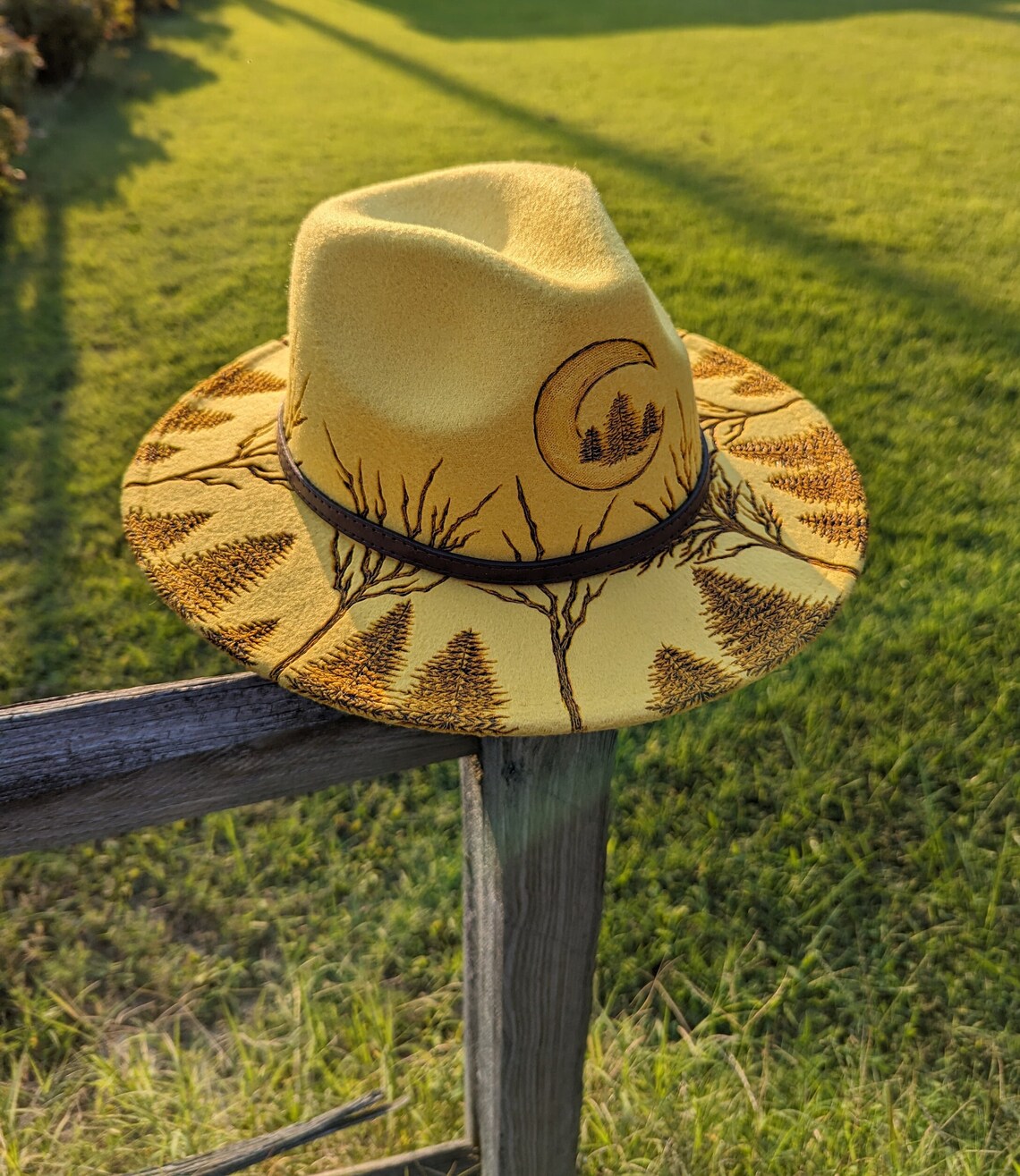 Moon Fedora Wood Burned Hats Pine Tree Hat Boho Hat Small - Etsy