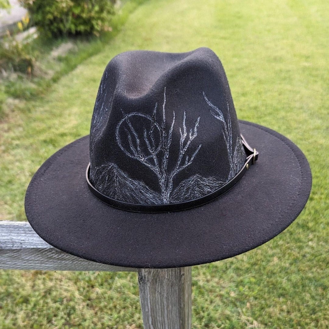 Woodburned Hat, Moon Hat, Hat With Mountains, Landscape Hat, Witchy ...