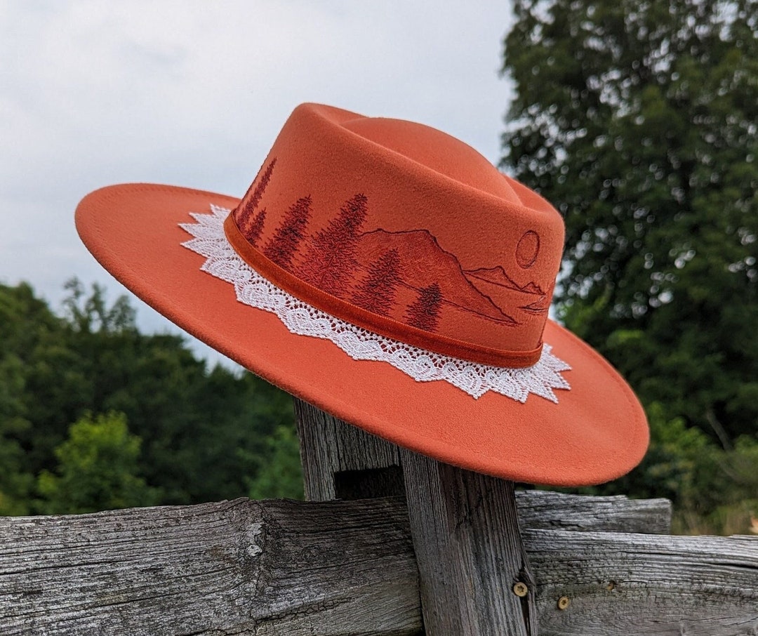 Sunset Hat, Woodburned Hat, Wide Brim Bowler Hat, Boho Cowgirl Hat ...