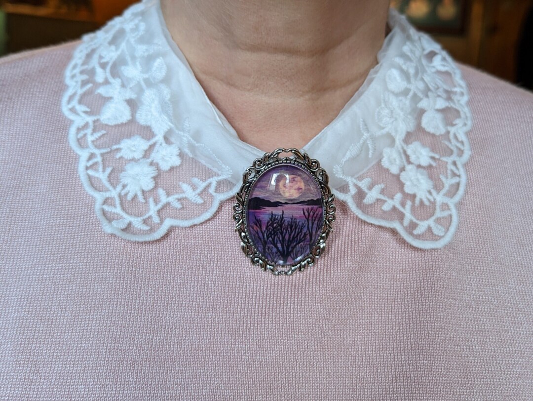 Moon Brooch Pin, Antique Silver Brooch, Landscape Pin, Lake Accessory ...