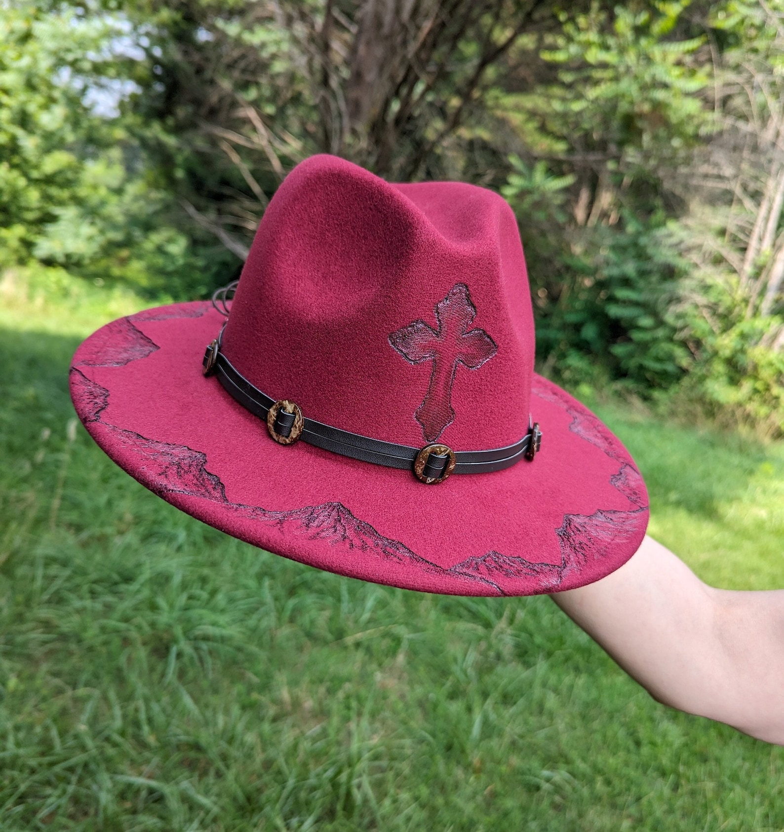 Cross Hat, Mountain Hat, Burnt Fedora Hat, Pyrography Hat, Rodeo Hat ...