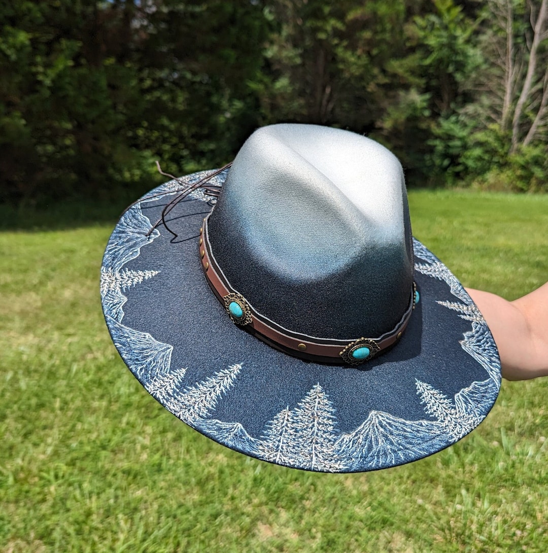 Two Tone Hat, Wide Brim Fedora, Hand Burnt Hat, Landscape Hat, Boho ...