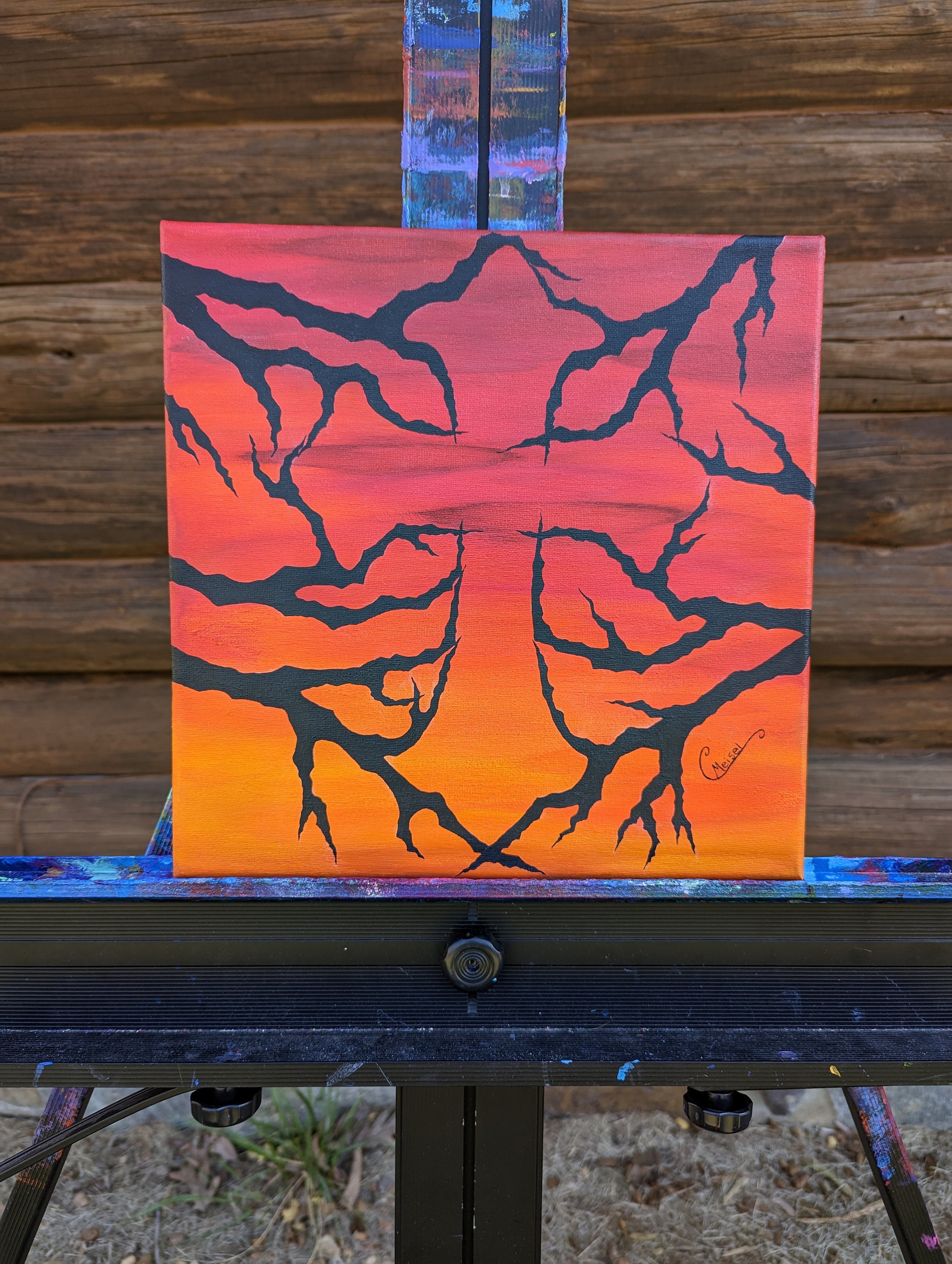 Original, Red Cross Painting, Christian Wall Art, Tree Silhouette Art ...
