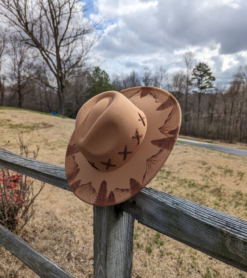 Landscape Hat, Wide Brim Fedora, Burnt Cowboy Hat, Boho Cowgirl Hat ...