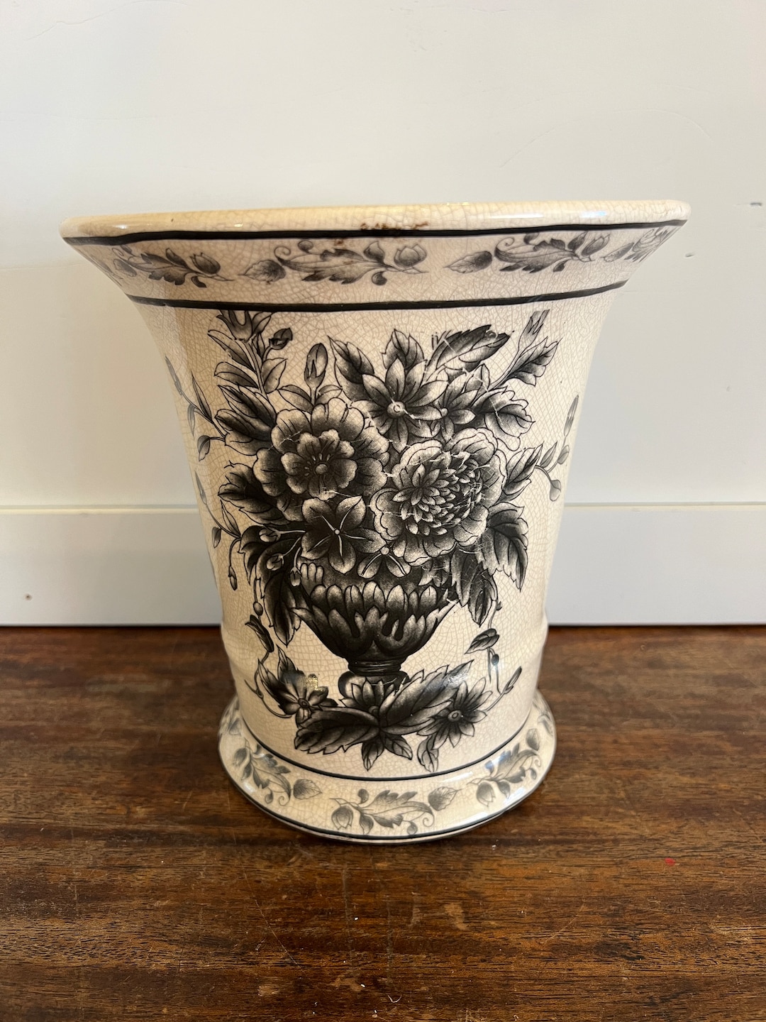 Antique Chinoiserie Floral Urn / Vase, Transferware Stoneware Vase ...