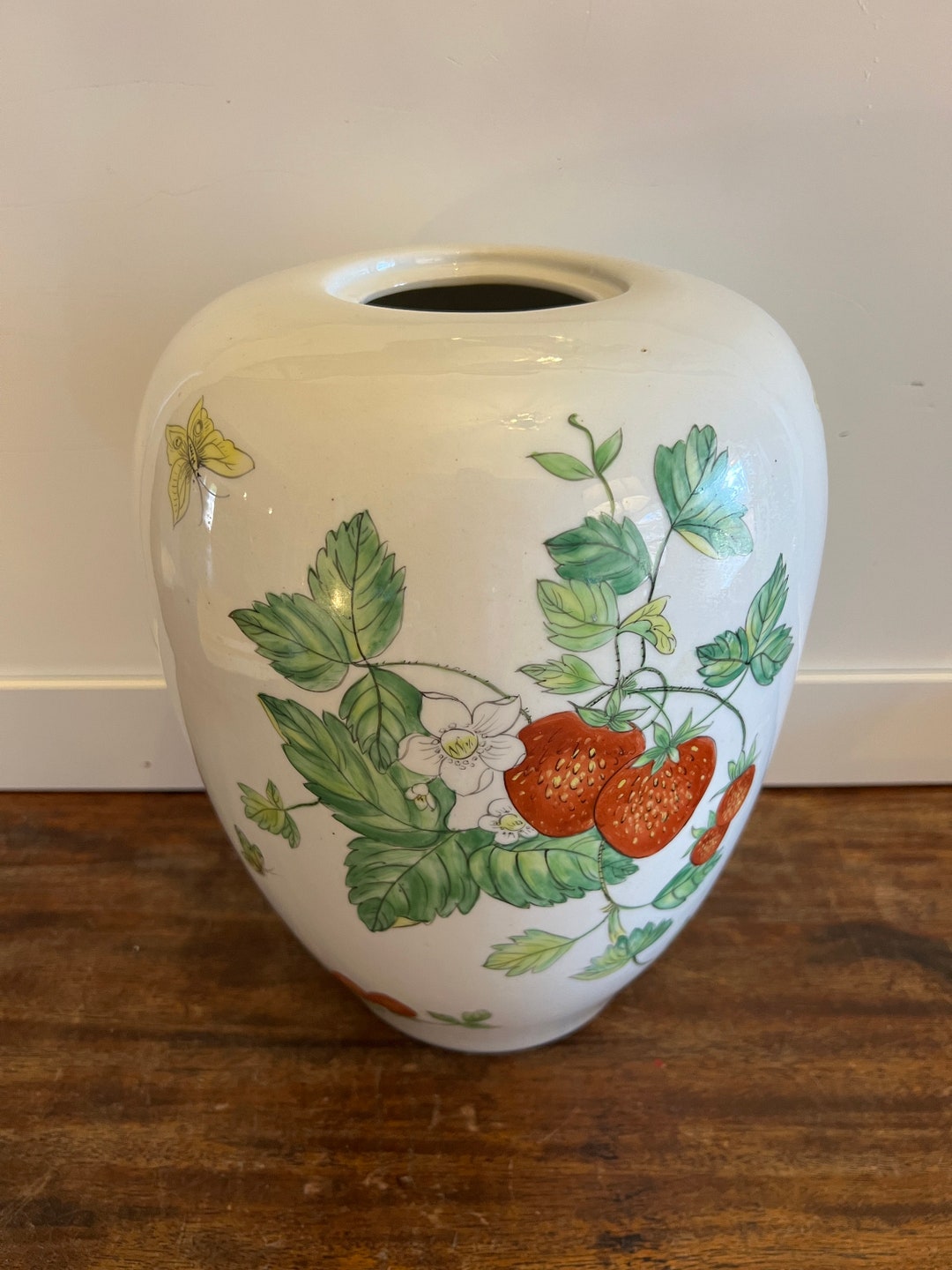 Large Ceramic Vase Featuring Strawberry Plants and Butterflies - Etsy