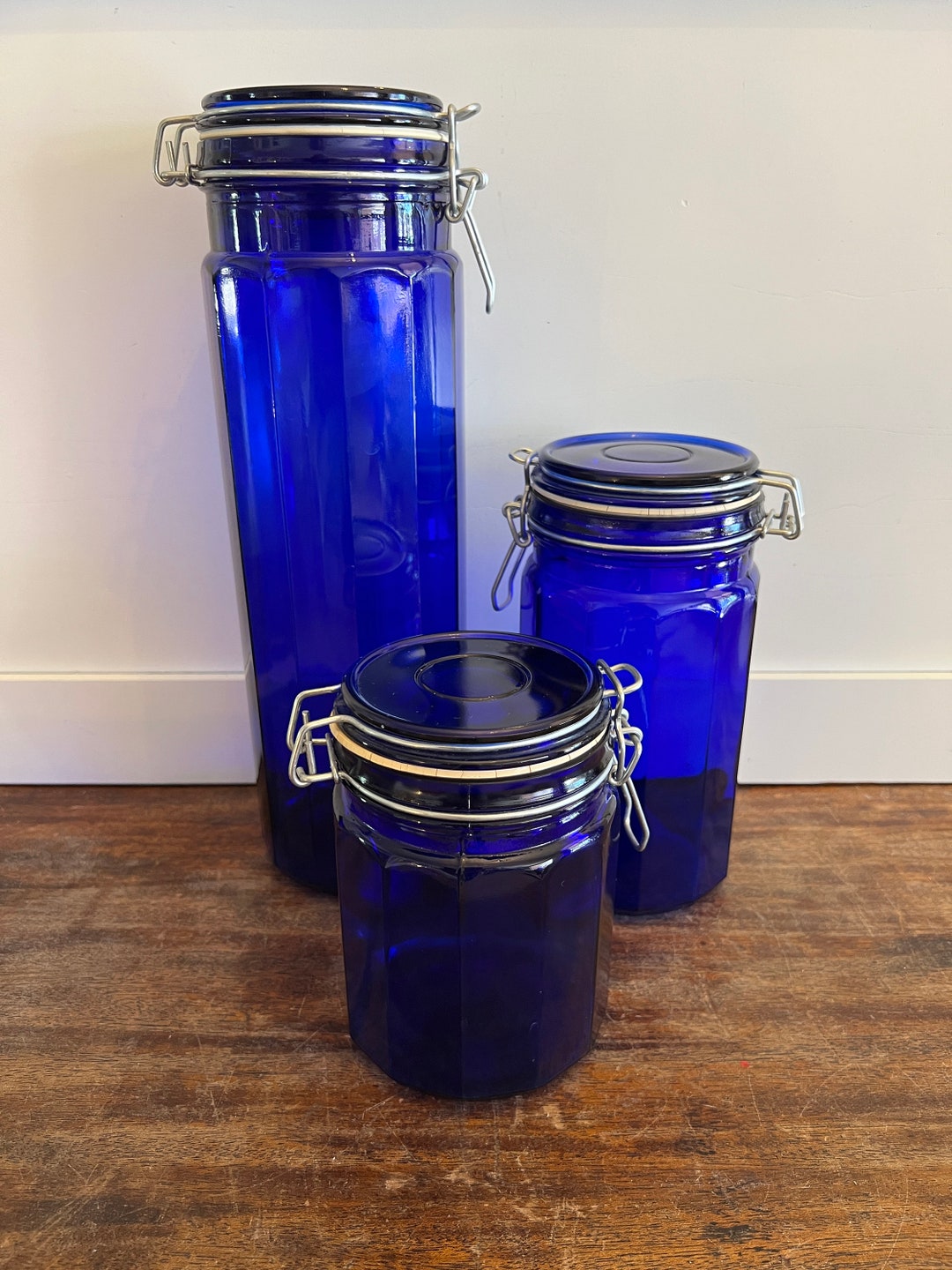Vintage 80s/90s Cobalt Blue Glass Canister Set ** Clamp Style Lids ...