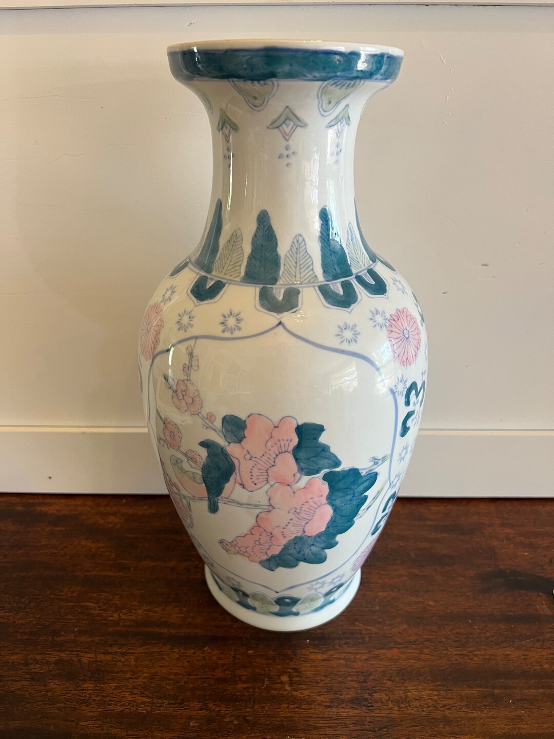 Large Vintage Chinese Vase Pink and Blue Chinoiserie Decor Tall Floral ...