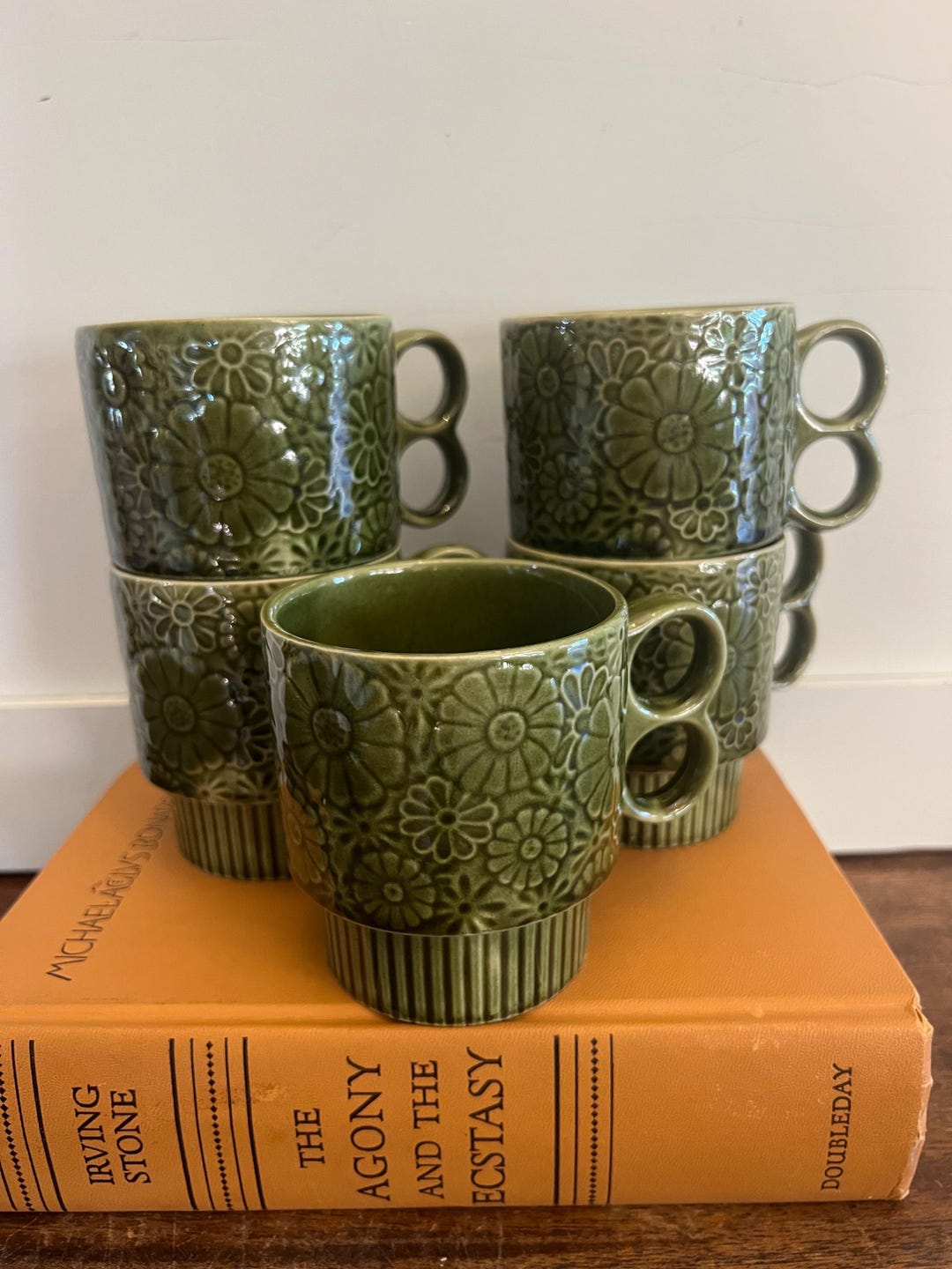 Set of 5 Vintage Green Floral, Japanese Stacking Mugs, MCM, - Etsy