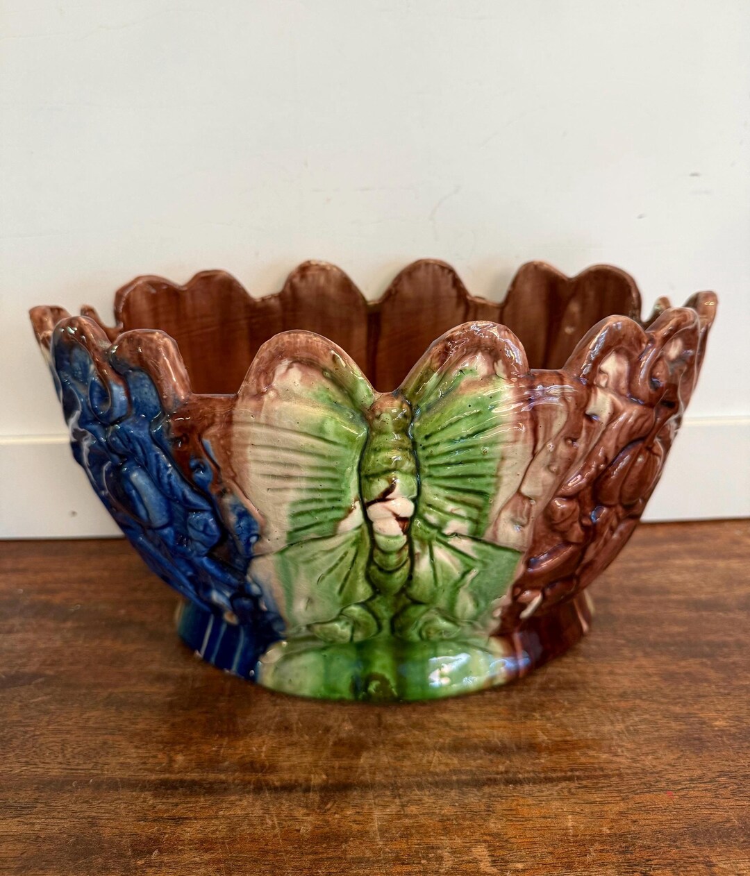 Antique Majolica Butterfly Jardiniere / Planter – Tri-color Glazed ...