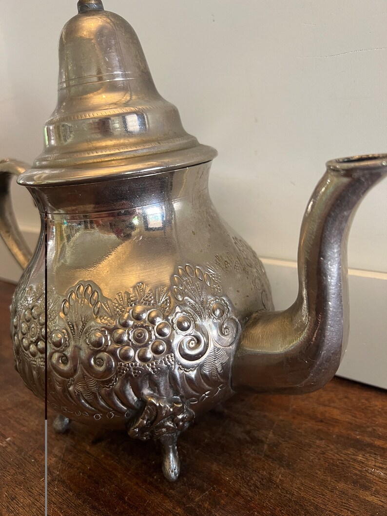 Vintage Moroccan Teapot: Handmade Silver Plated Alpaca, Engraved Floral ...