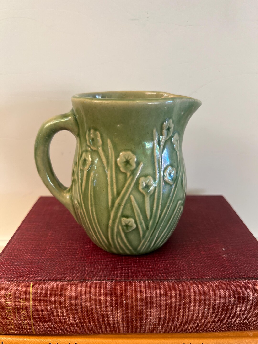 Antique Yellow Ware Green Floral Pottery Pitcher/creamer W/handle ...