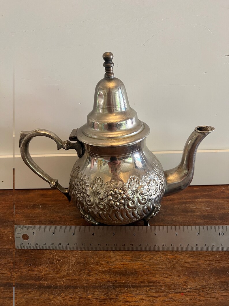 Vintage Moroccan Teapot: Handmade Silver Plated Alpaca, Engraved Floral ...