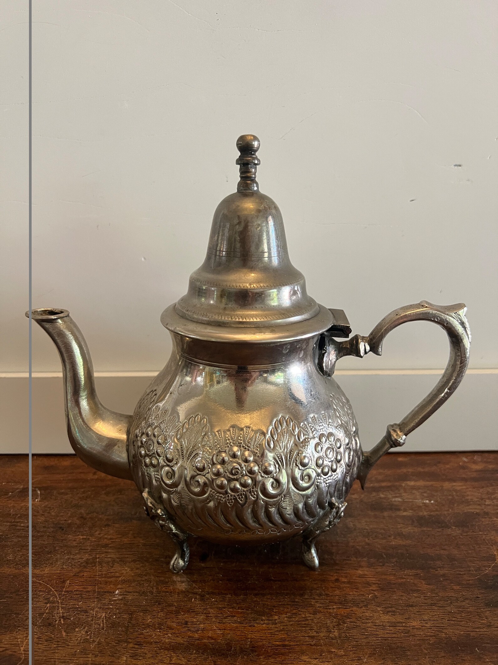 Vintage Moroccan Teapot: Handmade Silver Plated Alpaca, Engraved Floral ...