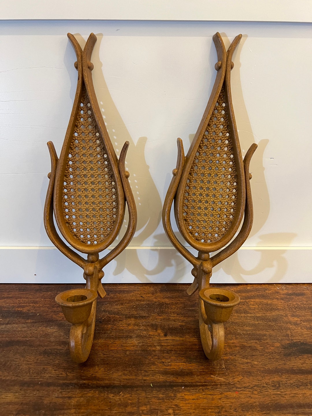 Vintage Faux Wicker Candle Wall Sconces Homco Teardrop Shaped Candle ...