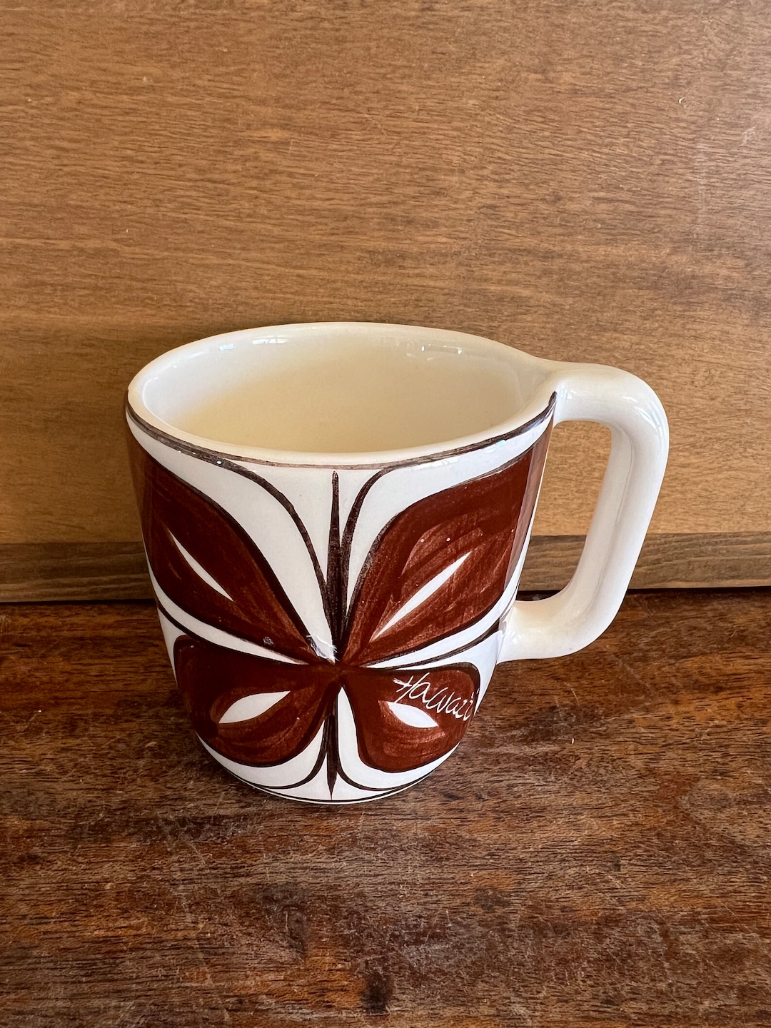 Vintage Hawaiian Handmade Pottery MUG ,white With Brown Flower Hawaii ...
