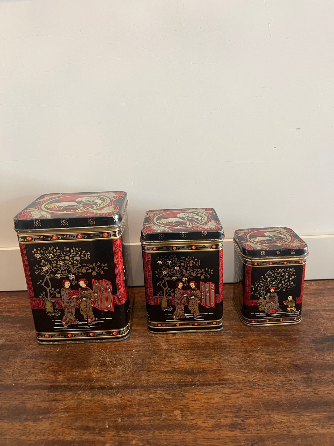 Set of 3 Vintage Chinoiserie Nesting Square Tin Canisters W/ Black Red ...