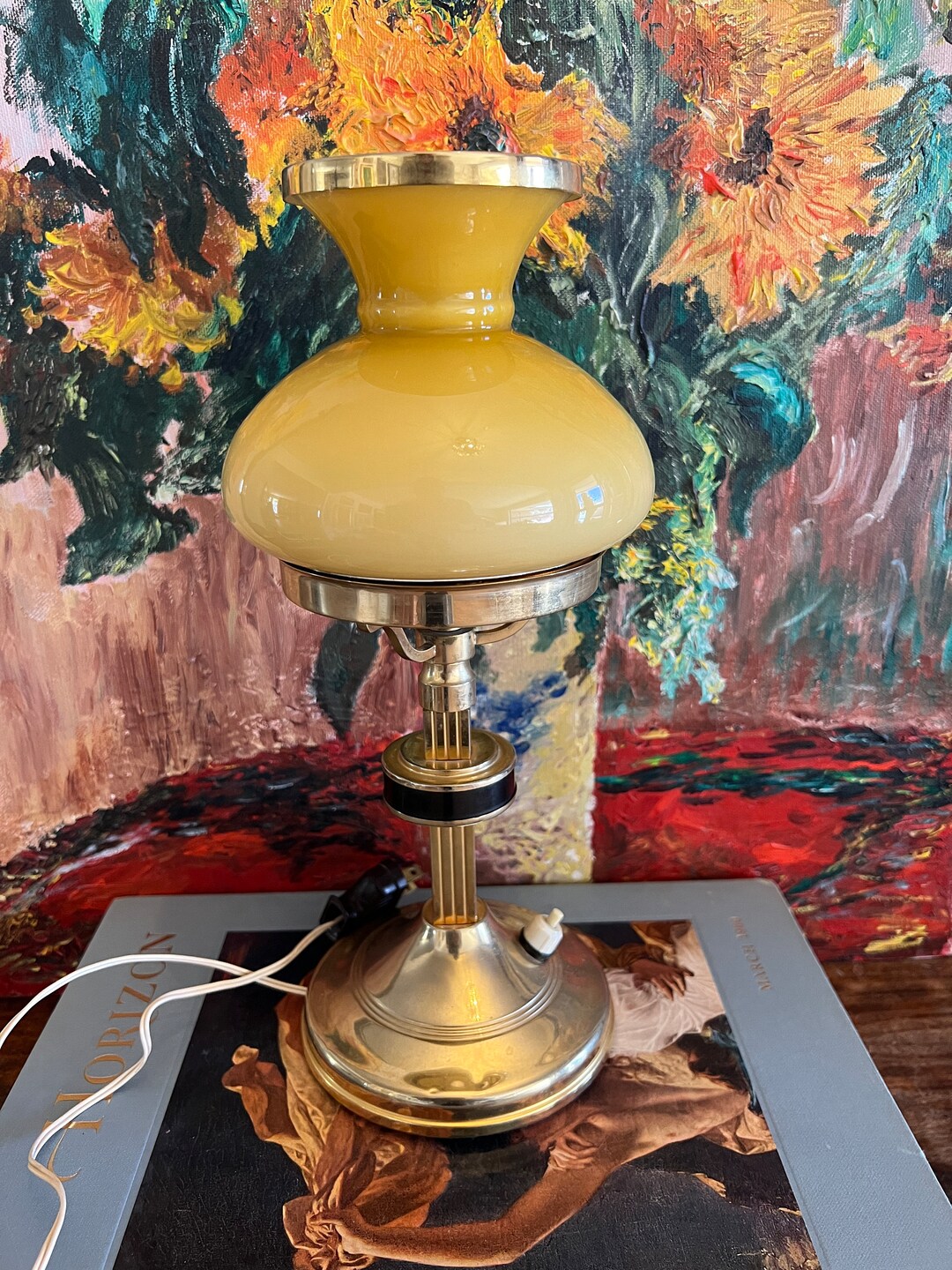Art Deco Yellow Opaline Glass, Brass Table Lamp, Rare Vintage Table ...