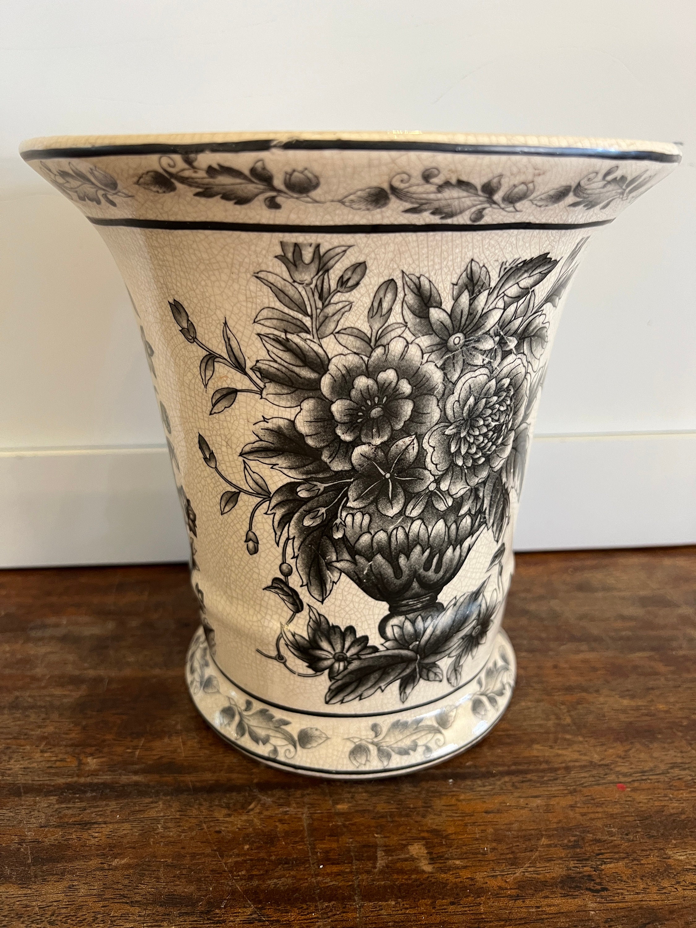 Antique Chinoiserie Floral Urn / Vase, Transferware Stoneware Vase ...