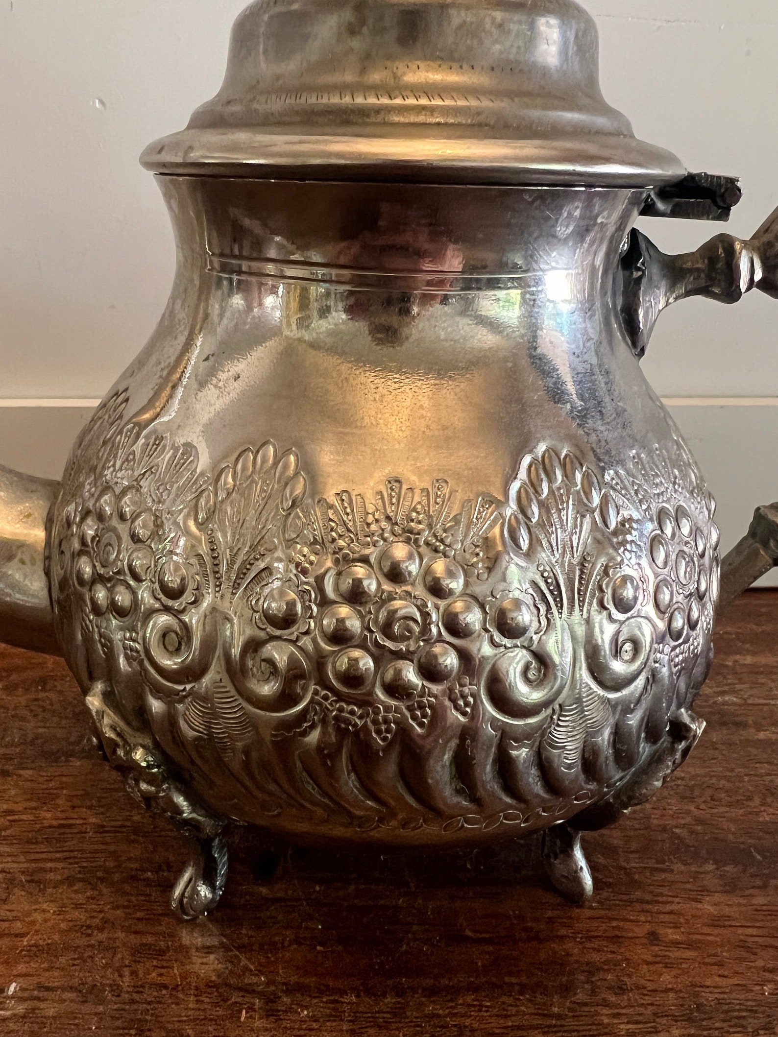 Vintage Moroccan Teapot: Handmade Silver Plated Alpaca, Engraved Floral ...