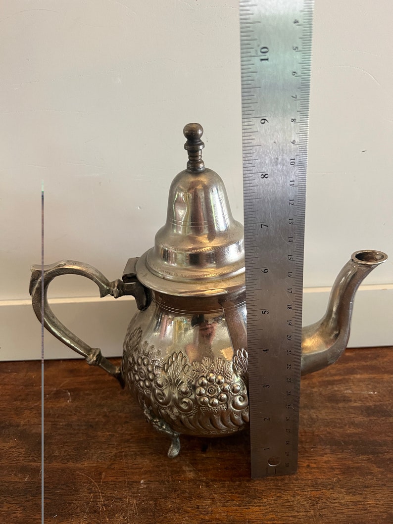 Vintage Moroccan Teapot: Handmade Silver Plated Alpaca, Engraved Floral ...