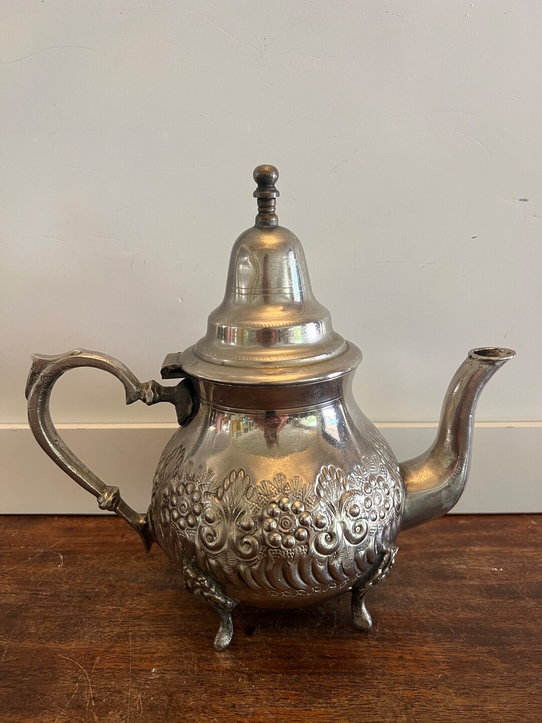 Vintage Moroccan Teapot Handmade Silver Plated Alpaca Engraved Moroccan ...
