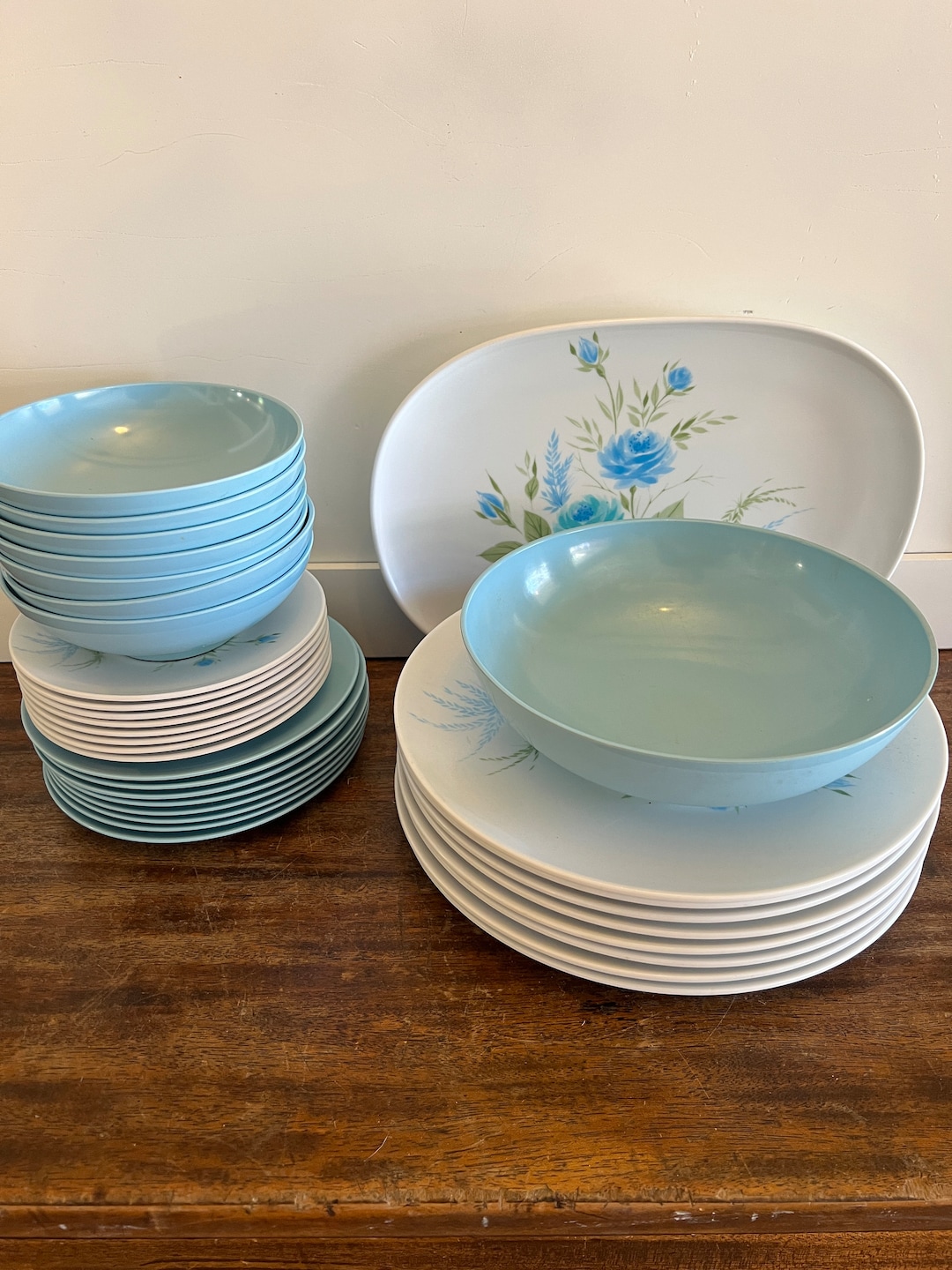 33pc Vintage TEXAS-WARE Melamine Dinnerware Blue Flowers Blue Floral ...
