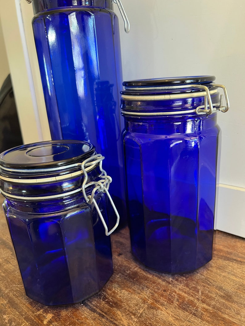 Vintage 80s/90s Cobalt Blue Glass Canister Set Clamp Style Lids Blue ...
