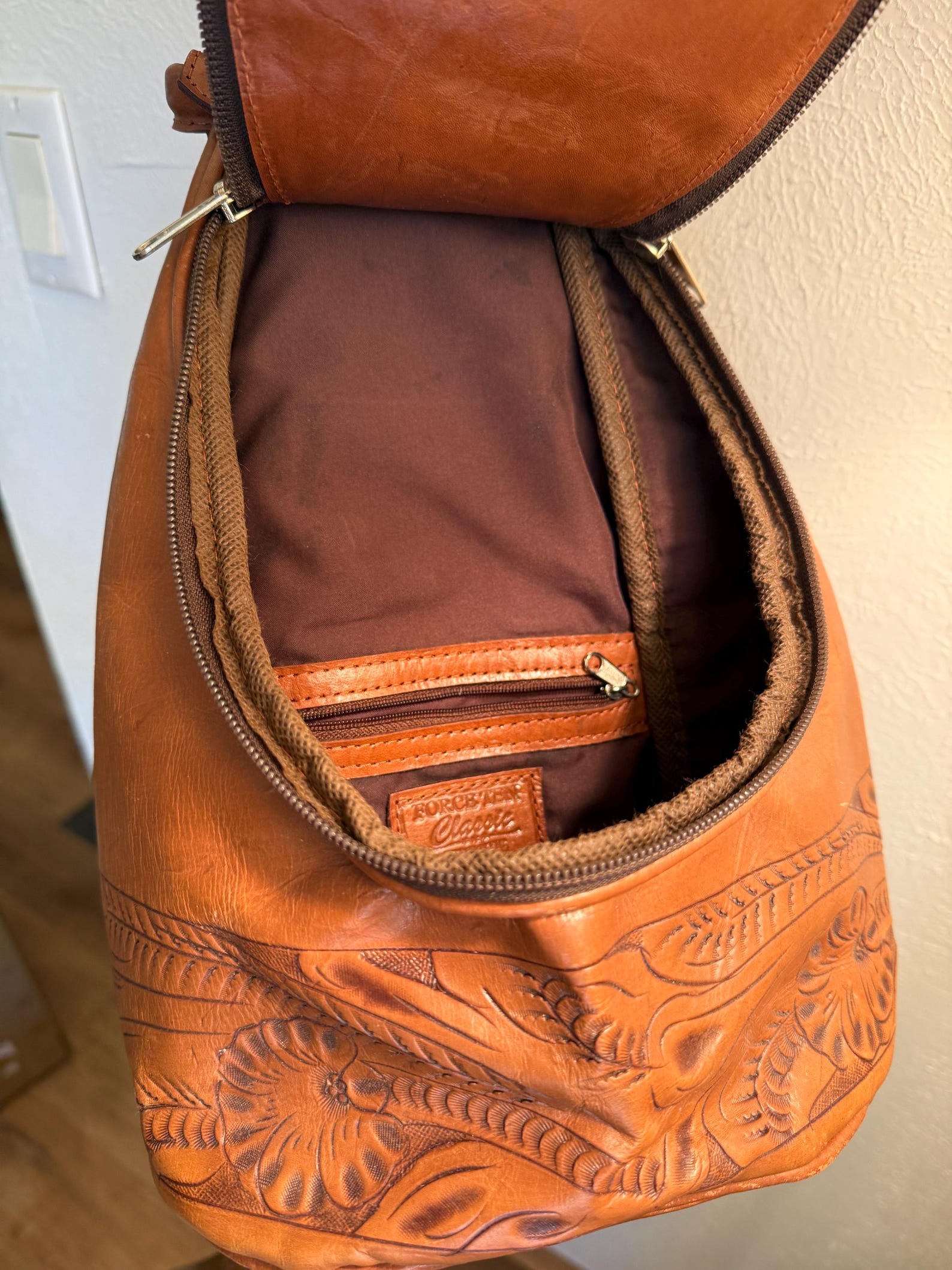 Vintage Force Ten Leather Sling Backpack – Hand-tooled Floral Design ...
