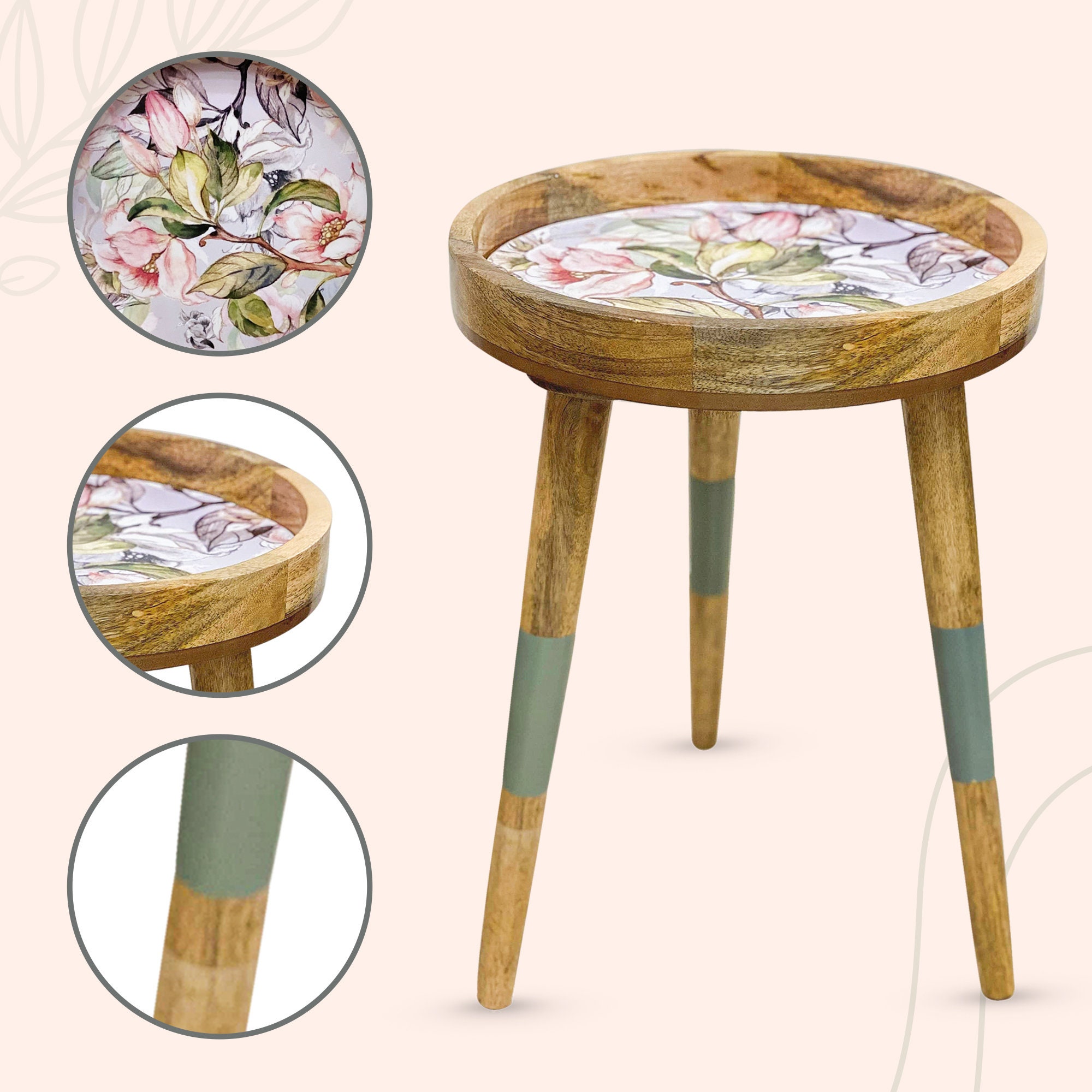 Round Wooden Side Table, End Table for Living Room, Bedside, Peg Table ...