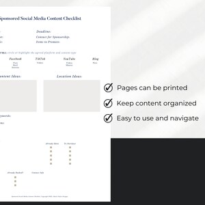 Printable Sponsored Social Media Content Checklist Template, Canva ...