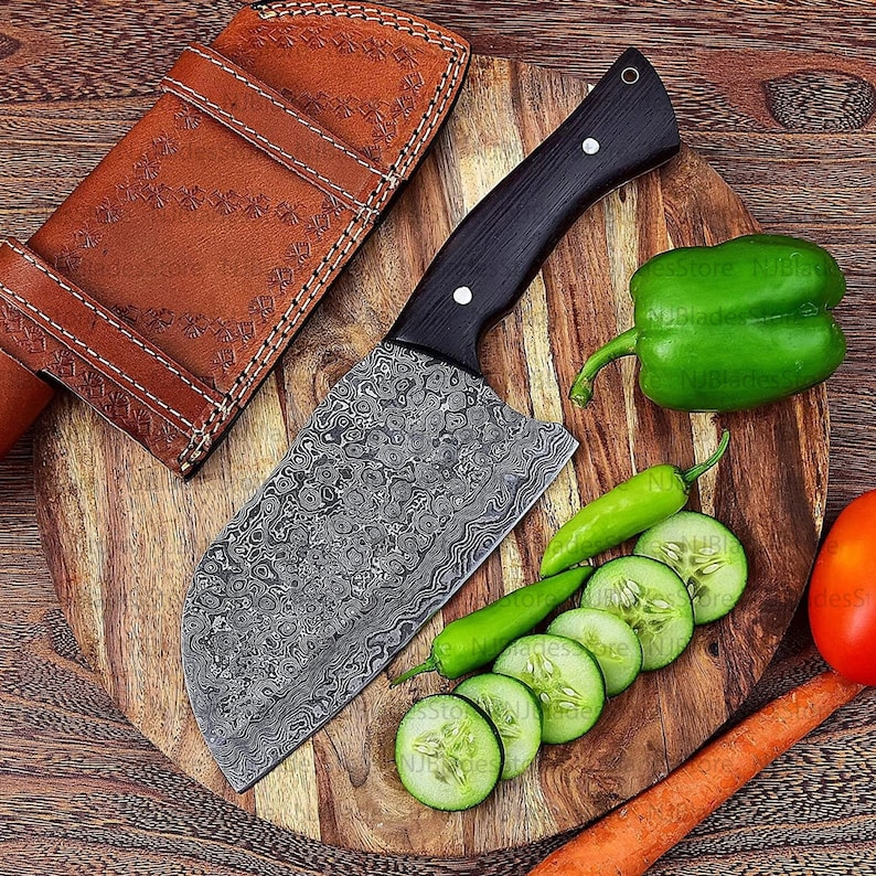 Handmade Damascus Steel Serbian Cleaver: Rain Drop Pattern Butcher ...