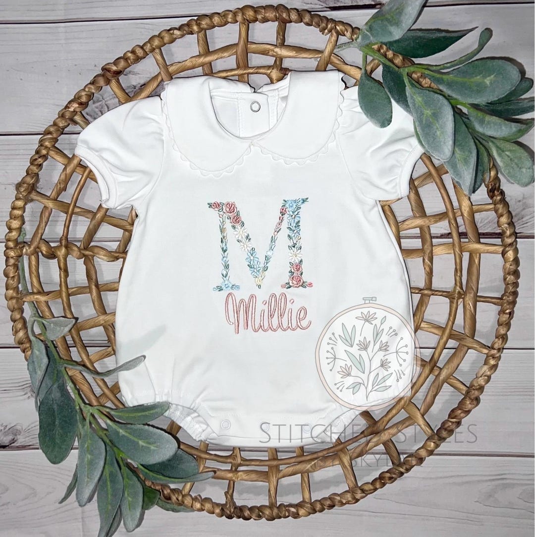 Monogrammed Baby Girl Bubble: Embroidered Floral Cotton Romper - Etsy