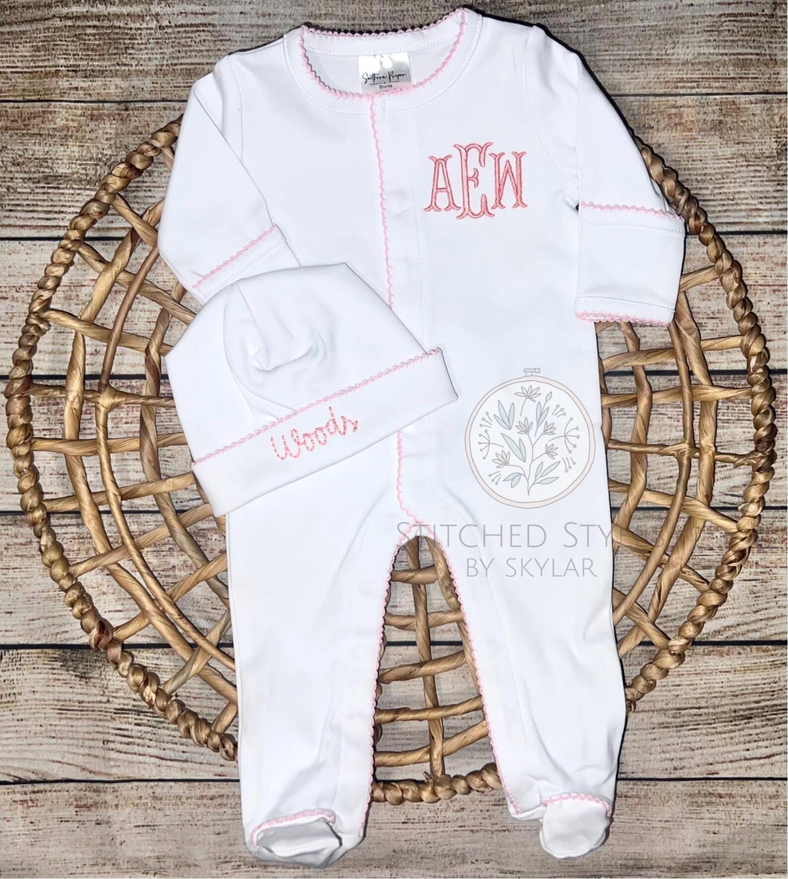 Infant Monogrammed Picot Trim Footie, Cap, Gift Set, Newborn Baby Girl ...