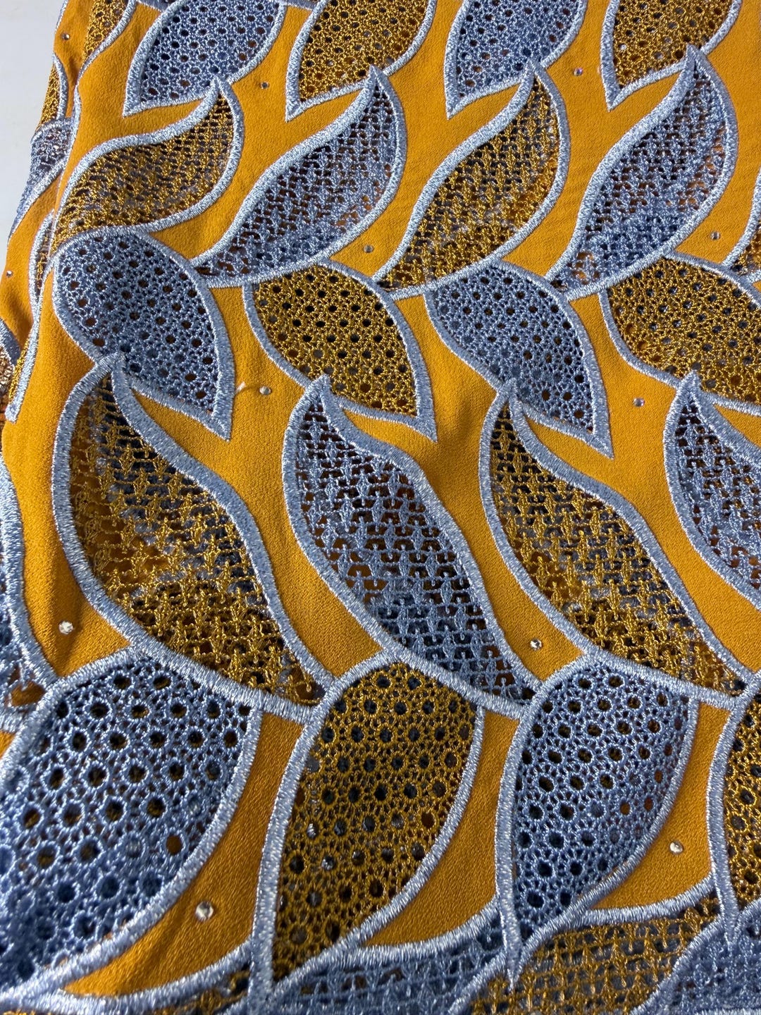 Rich Madame Luxury Austrian Stone Lace Fabric, Gold & Light Blue ...