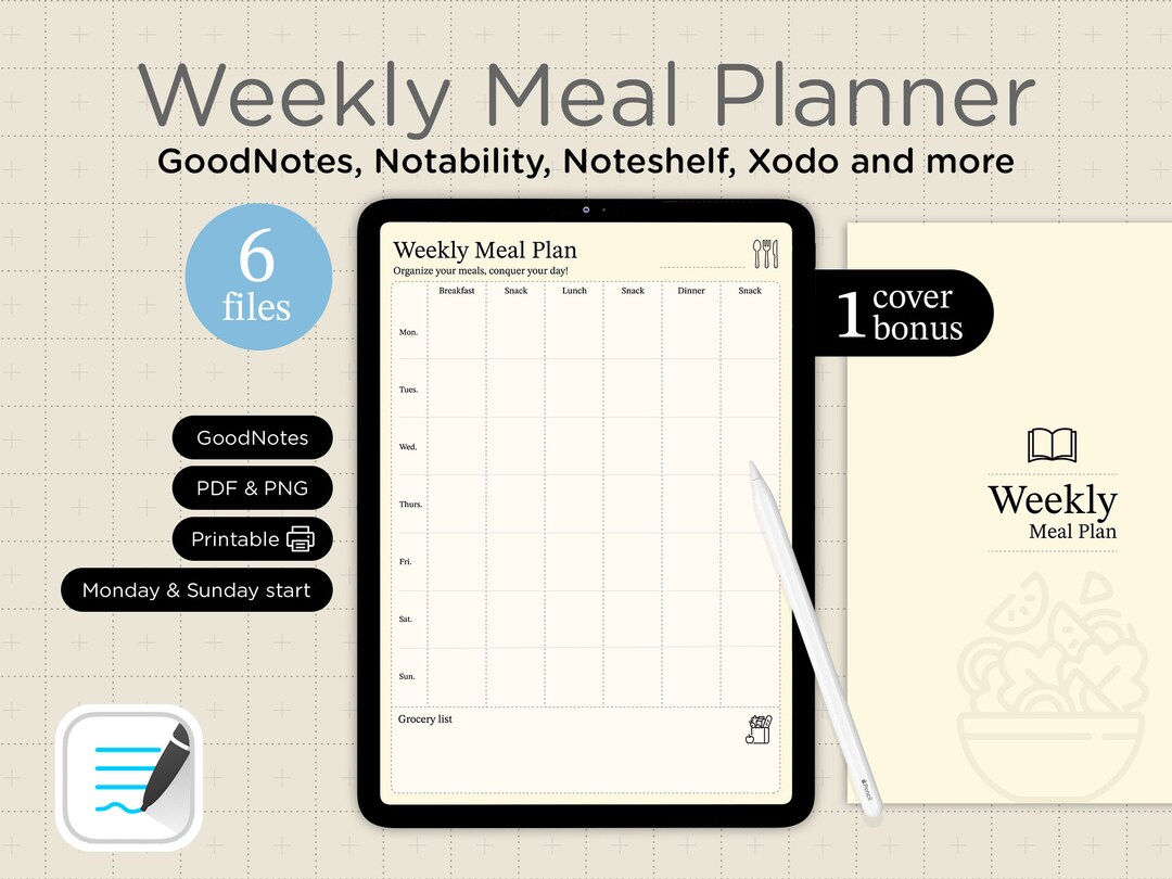 Daily Meal Planner / Days, Goodnotes, Notability, Noteshelf, Xodo ...